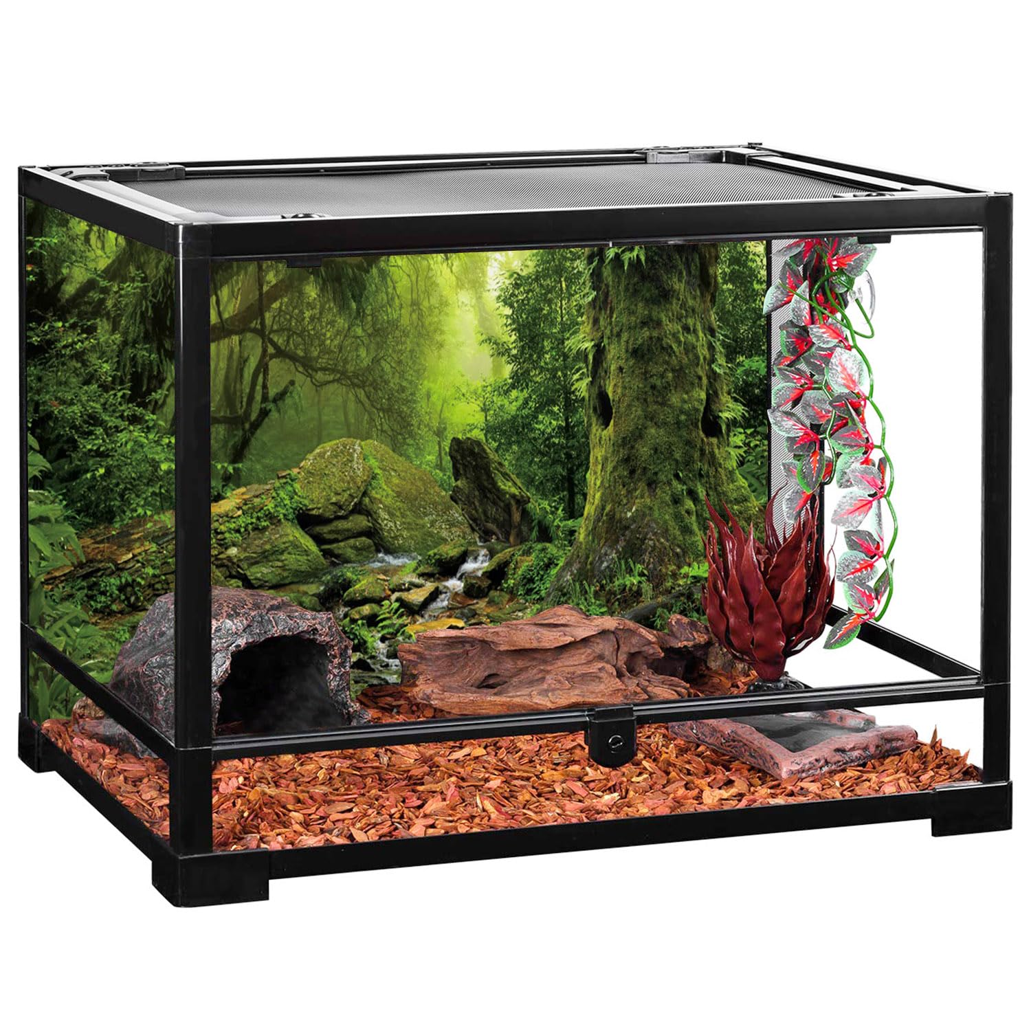 AWERT Tropical Forest Terrarium Background Stream Green Huge Tree Reptile Habitat Background Foggy Rainforest Aquarium Background 30x12 inches Durable Polyester Background