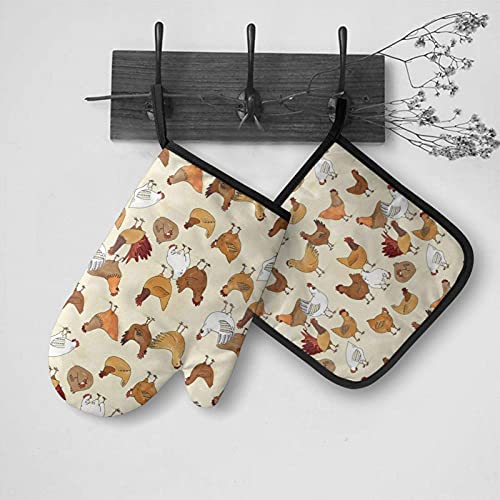 A Brood of Chickens Oven Mitts and Pot Holders Sets,Heat Resistant Non Slip Kitchen Gloves Hot Pads with Inner Cotton Layer for Cooking BBQ Baking Grilling