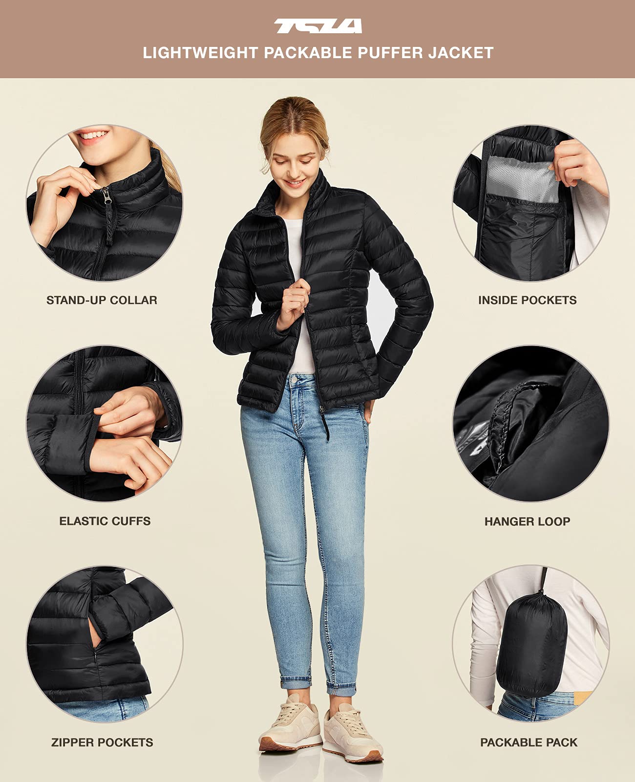 TSLA Women's Lightweight Packable Accent Puffer Jacket, Water-Resistant Winter Coat, Ascent Puff Packable Jacket Black, XX-Large