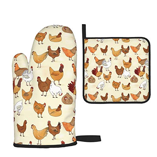 A Brood of Chickens Oven Mitts and Pot Holders Sets,Heat Resistant Non Slip Kitchen Gloves Hot Pads with Inner Cotton Layer for Cooking BBQ Baking Grilling