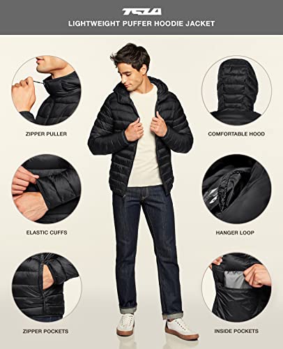 TSLA Men's Lightweight Packable Accent Puffer Jacket, Water-Resistant Winter Jackets, Hoodie Jacket Black, X-Large