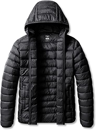 TSLA Men's Lightweight Packable Accent Puffer Jacket, Water-Resistant Winter Jackets, Hoodie Jacket Black, X-Large