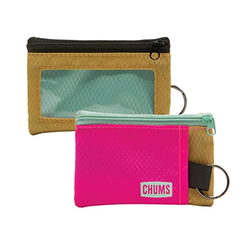 Chums Surfshorts Wallet - Lightweight Slim Wallet with RFID Blocking Card & Clear ID Window - Zippered, Minimalist Wallet w/Key Ring (Tri - Pink/Tan/Aqua)