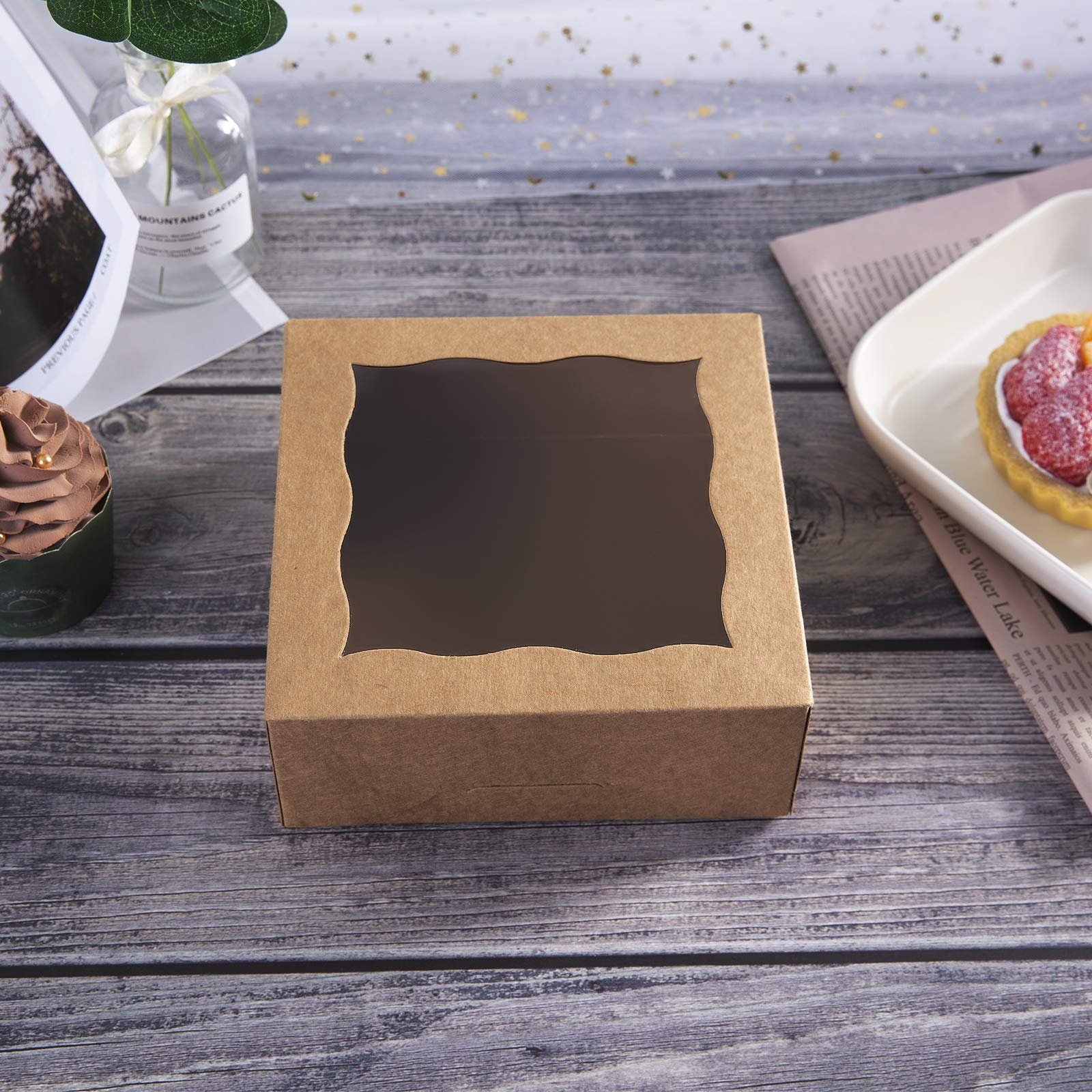 ONE MORE [15pcs] 7"x7"x2.5"Brown Bakery Boxes with PVC Window for Pie and Cookies Boxes Small Natural Kraft Paper Box 7x7x2.5inch,Pack of 15 (Brown, 15)