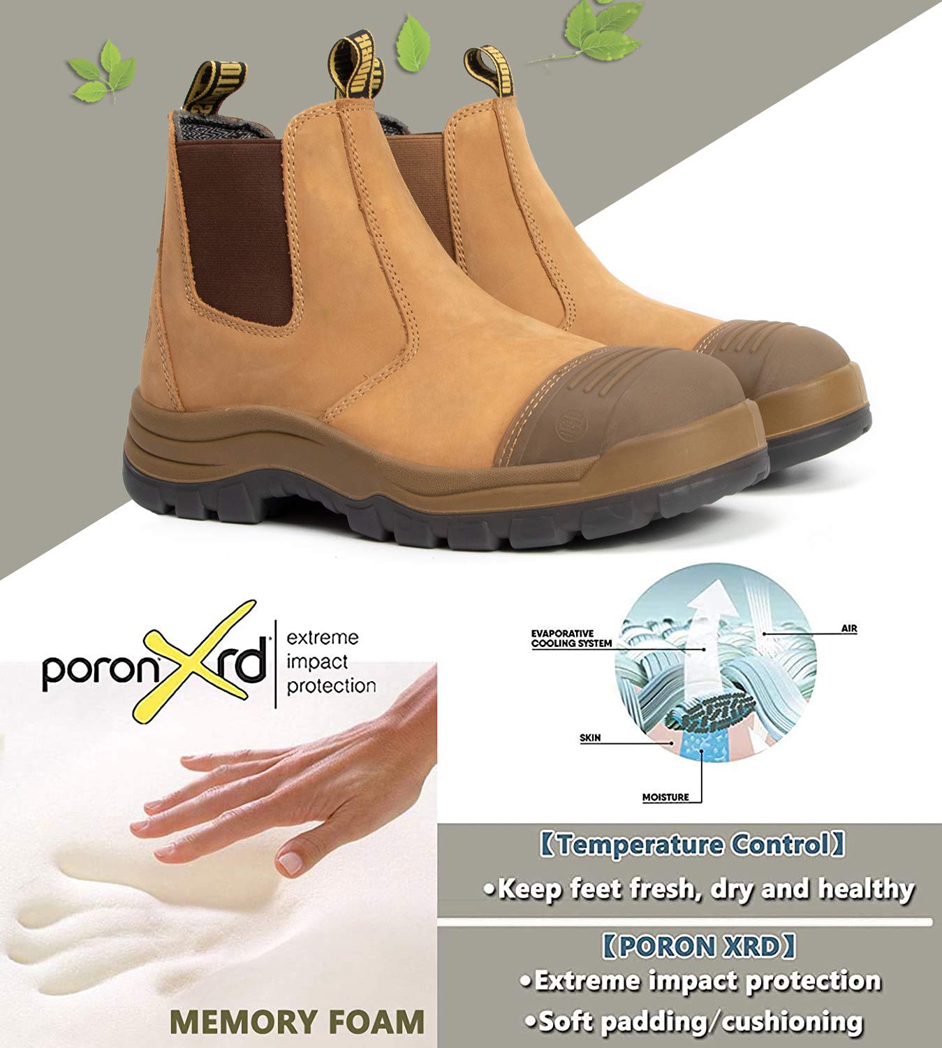 DIIG Work Boots for Men, Steel Toe Waterproof Working Boots, Slip Resistant Anti-Static Slip-on Safety Working Shoes 8 9 10 11 12 13 (TAN/822EE, 9.5)
