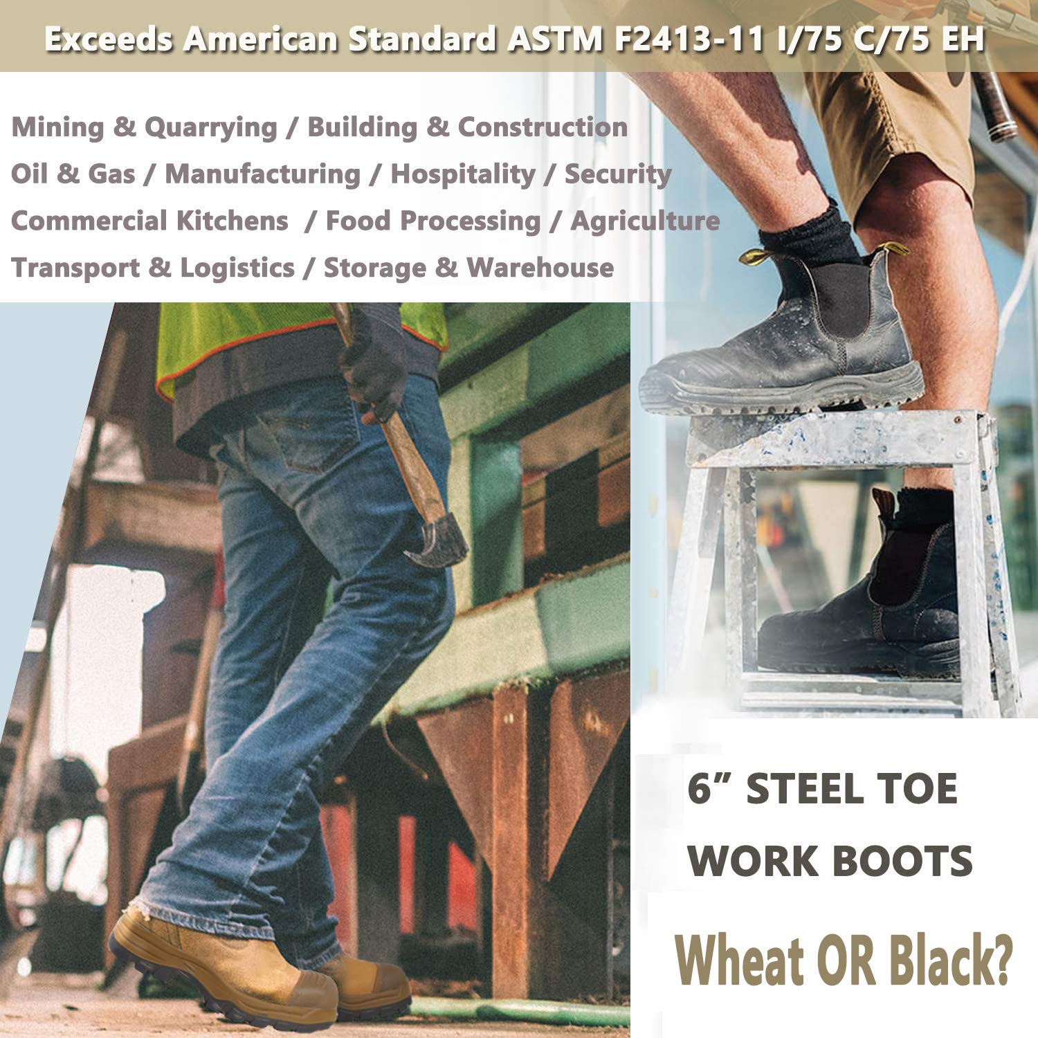 DIIG Work Boots for Men, Steel Toe Waterproof Working Boots, Slip Resistant Anti-Static Slip-on Safety Working Shoes 8 9 10 11 12 13 (TAN/822EE, 9.5)