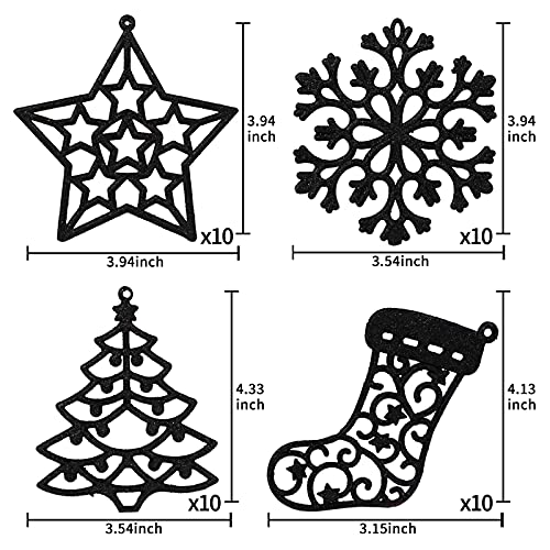 Glitter Snowflake Ornaments for Christmas Tree, 40pcs Black Christmas Decoration Hanging Decorations for Halloween Xmas Tree, Window, Door