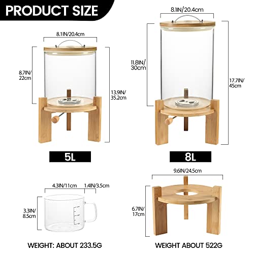 Vuinop Rice Dispenser, Rice Storage Container:Flour and Cereal Container with Airtight Lid and Wooden Stand, Glass Food Storge Container for Kitchen Organization and Pantry Store (5L)