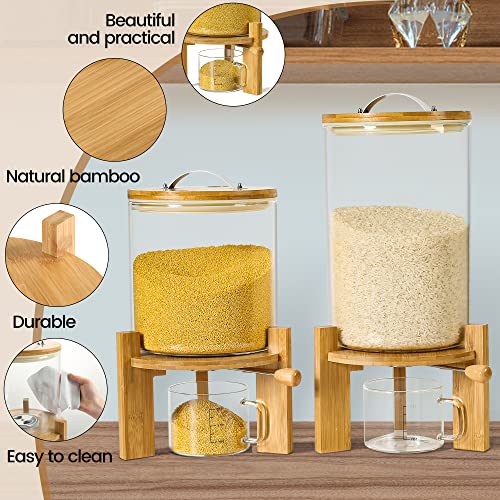 Vuinop Rice Dispenser, Rice Storage Container:Flour and Cereal Container with Airtight Lid and Wooden Stand, Glass Food Storge Container for Kitchen Organization and Pantry Store (5L)