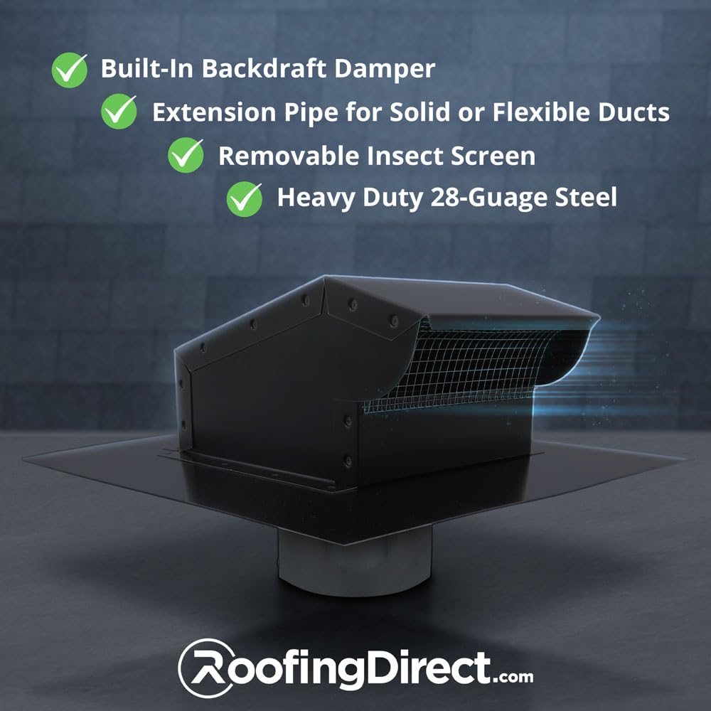 RDP Rooftop Exhaust Vent Cap with Damper and Bottom Extension (10 Inch, Black)