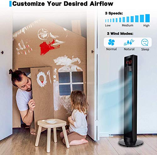 Simple Deluxe 48’’ Electric Oscillating Tower Fan with Remote Control and Large LED Display, Great for Indoor, Bedroom and Home Office, Black (48 inch)