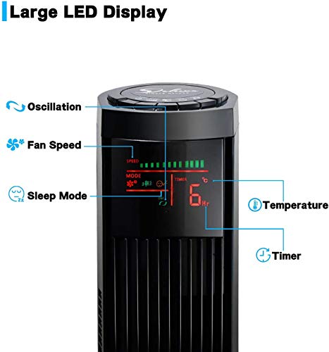 Simple Deluxe 48’’ Electric Oscillating Tower Fan with Remote Control and Large LED Display, Great for Indoor, Bedroom and Home Office, Black (48 inch)