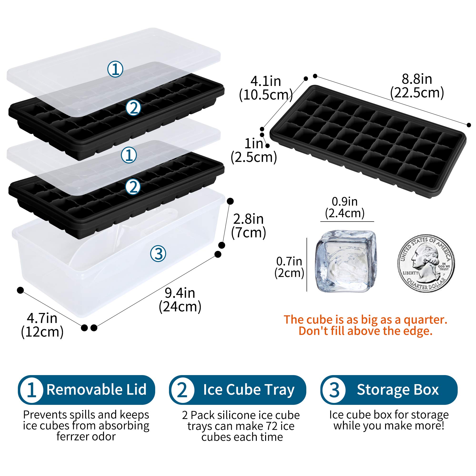Food-grade Silicone Ice Cube Tray with Lid and Storage Bin for Freezer, Easy-Release 2 * 36 Small Nugget Ice Trays 1 ice Bucket & Scoop, Flexible Ice Cube Molds with Ice Container