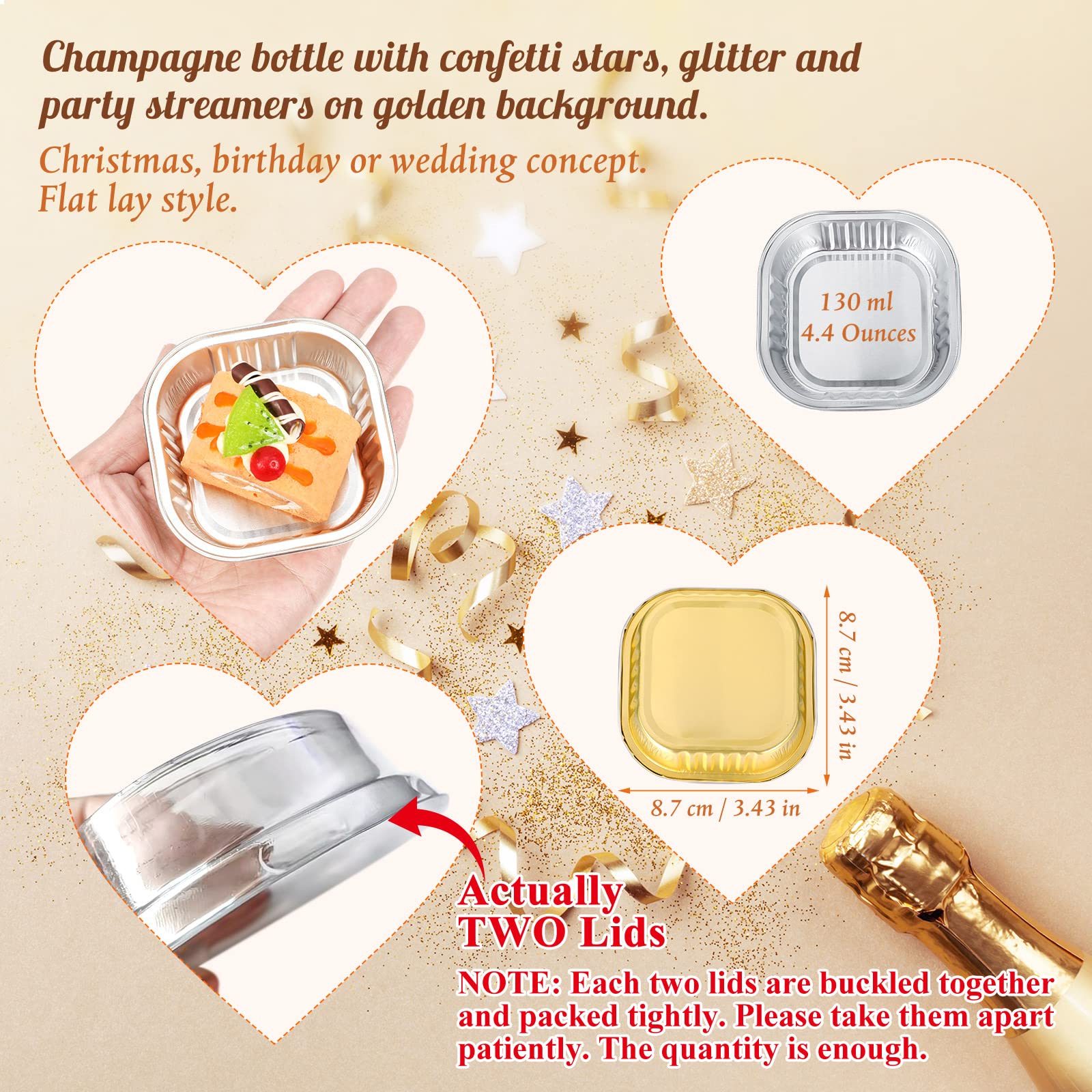 Geiserailie 40 Sets Square Aluminum Foil Cake Pan 130 ml/ 4.4 Ounces Mini Disposable Dessert Cupcake Cup Pan with Lids Flan Baking Cups for Wedding Birthday Party(Golden)