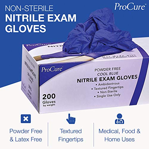 ProCure Disposable Nitrile Gloves Medium, 200 Count - Powder Free, Rubber Latex Free, Medical Exam Grade, Non Sterile, Ambidextrous - Soft with Textured Tips - Cool Blue