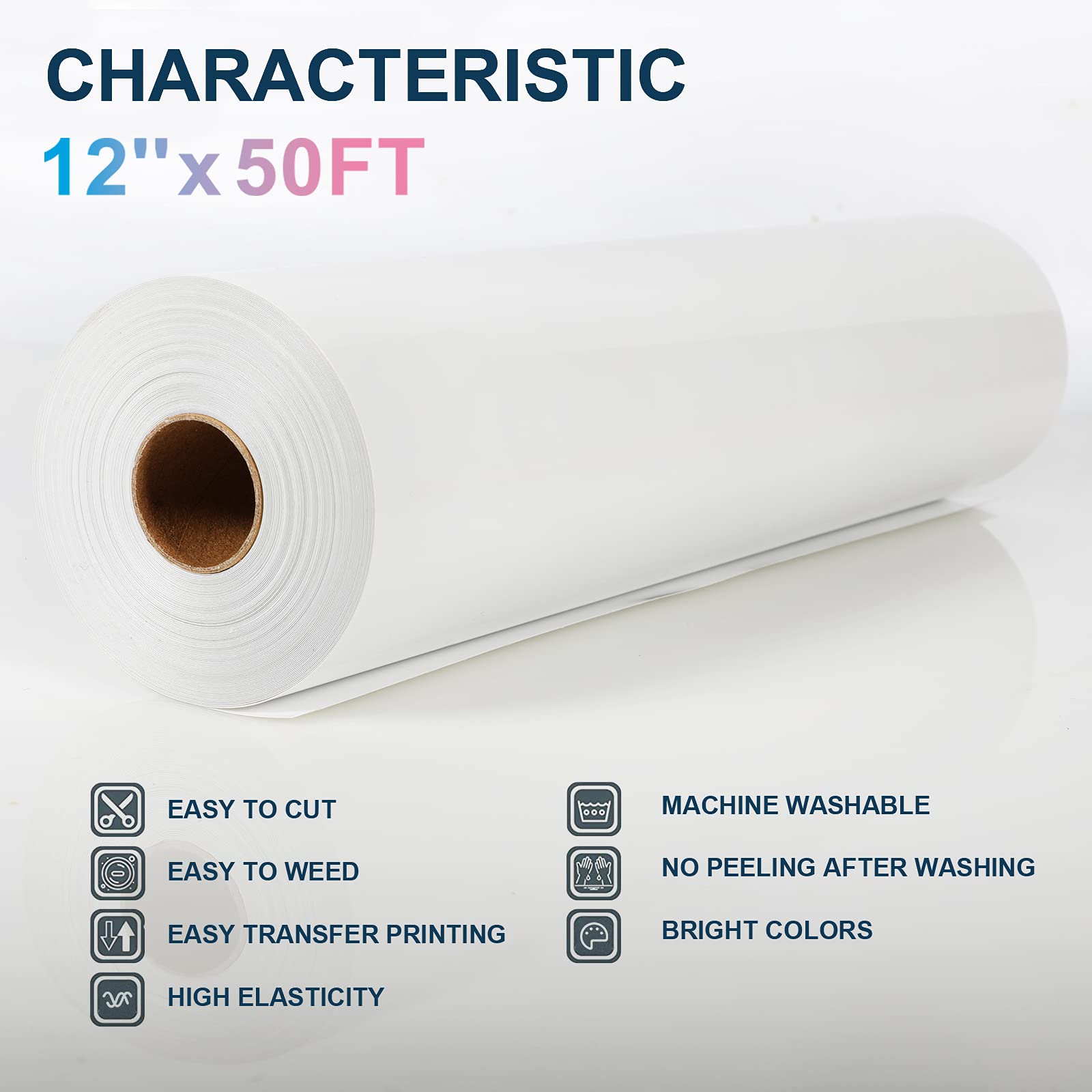 XSEINO Heat Transfer Vinyl Roll, 12" x 50FT HTV Vinyl Roll with Teflon for Shirts, White Iron for Cricut & Cameo, Easy to Cut for Heat Transfer Vinyl Design (White)