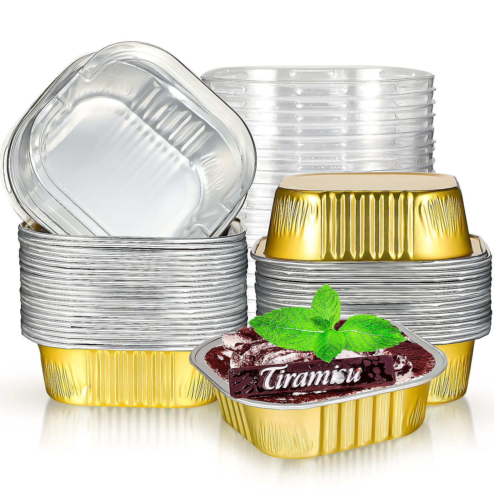 Geiserailie 40 Sets Square Aluminum Foil Cake Pan 130 ml/ 4.4 Ounces Mini Disposable Dessert Cupcake Cup Pan with Lids Flan Baking Cups for Wedding Birthday Party(Golden)