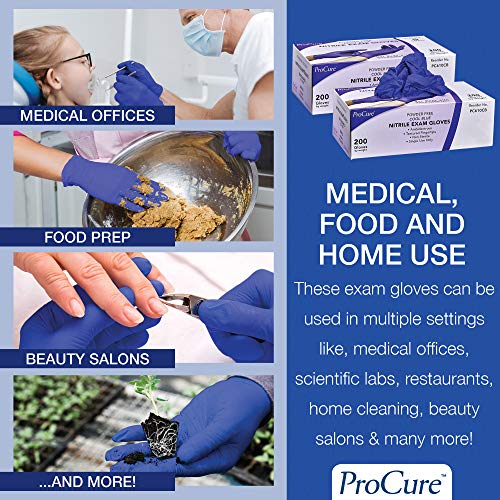 ProCure Disposable Nitrile Gloves Medium, 200 Count - Powder Free, Rubber Latex Free, Medical Exam Grade, Non Sterile, Ambidextrous - Soft with Textured Tips - Cool Blue