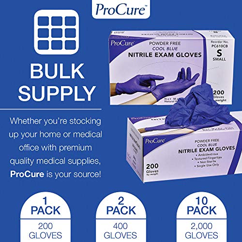 ProCure Disposable Nitrile Gloves Medium, 200 Count - Powder Free, Rubber Latex Free, Medical Exam Grade, Non Sterile, Ambidextrous - Soft with Textured Tips - Cool Blue