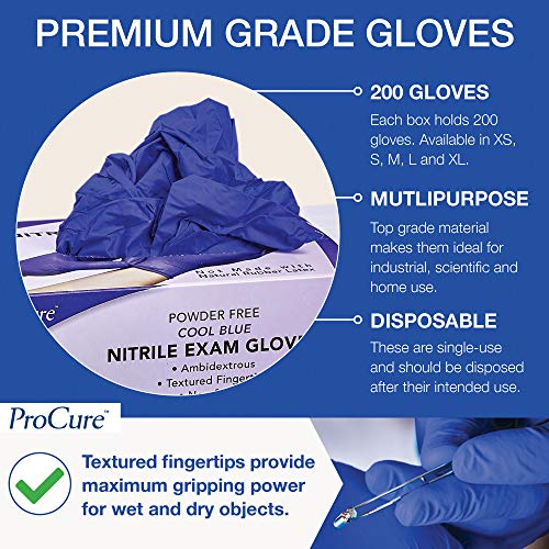 ProCure Disposable Nitrile Gloves Medium, 200 Count - Powder Free, Rubber Latex Free, Medical Exam Grade, Non Sterile, Ambidextrous - Soft with Textured Tips - Cool Blue