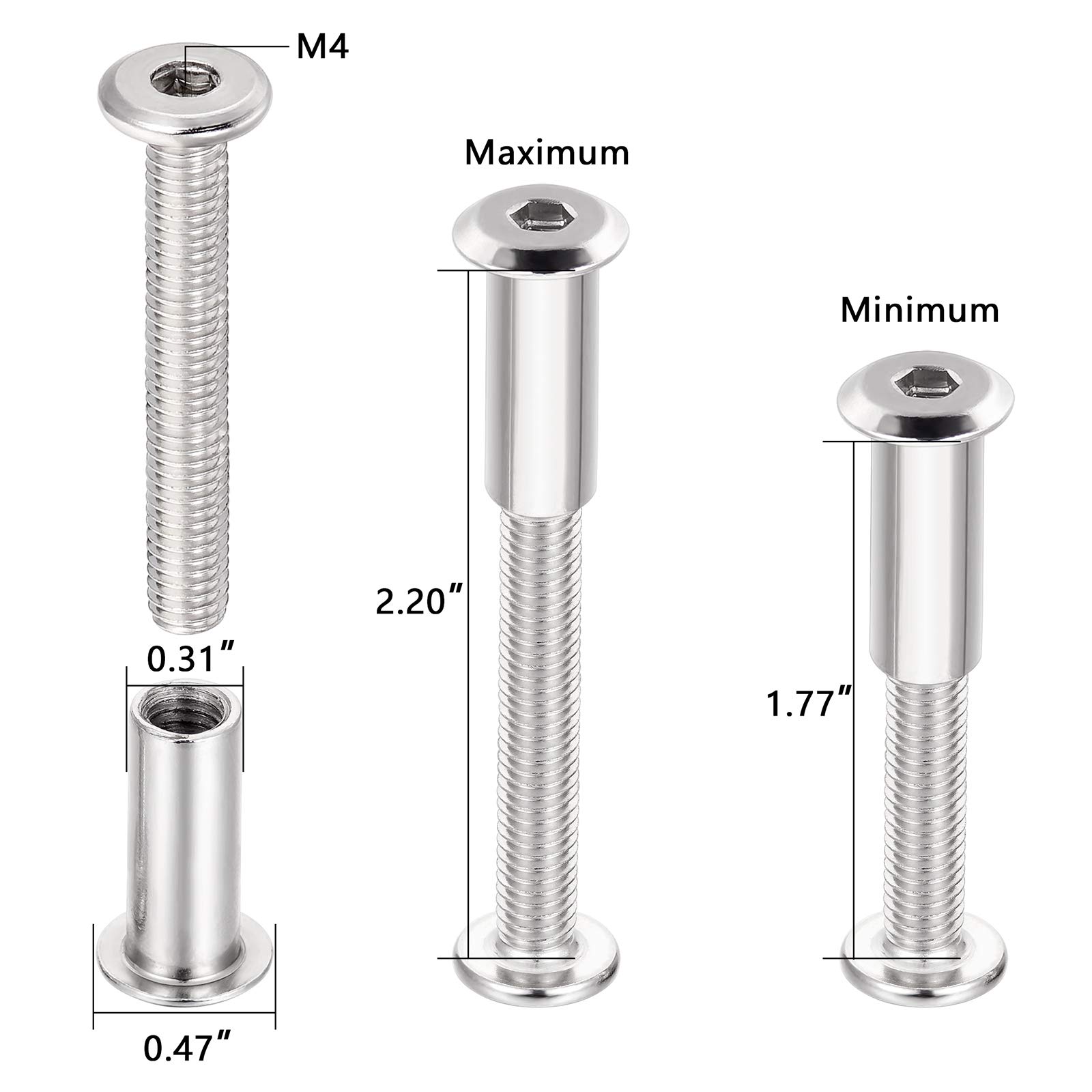 PGMJ 40 Sets Silver Hex Metal Metric Bolts and Nuts Assortment - Thread Repair Kit M6, Cupboards Joint Connector Cap Bolts, Screw Post Fit for Furniture (M6x40mm-D)
