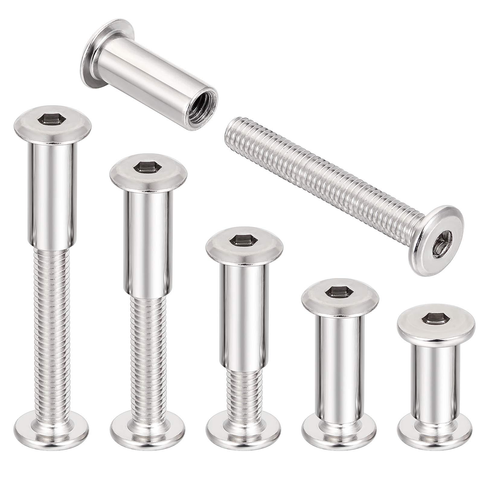 PGMJ 40 Sets Silver Hex Metal Metric Bolts and Nuts Assortment - Thread Repair Kit M6, Cupboards Joint Connector Cap Bolts, Screw Post Fit for Furniture (M6x40mm-D)