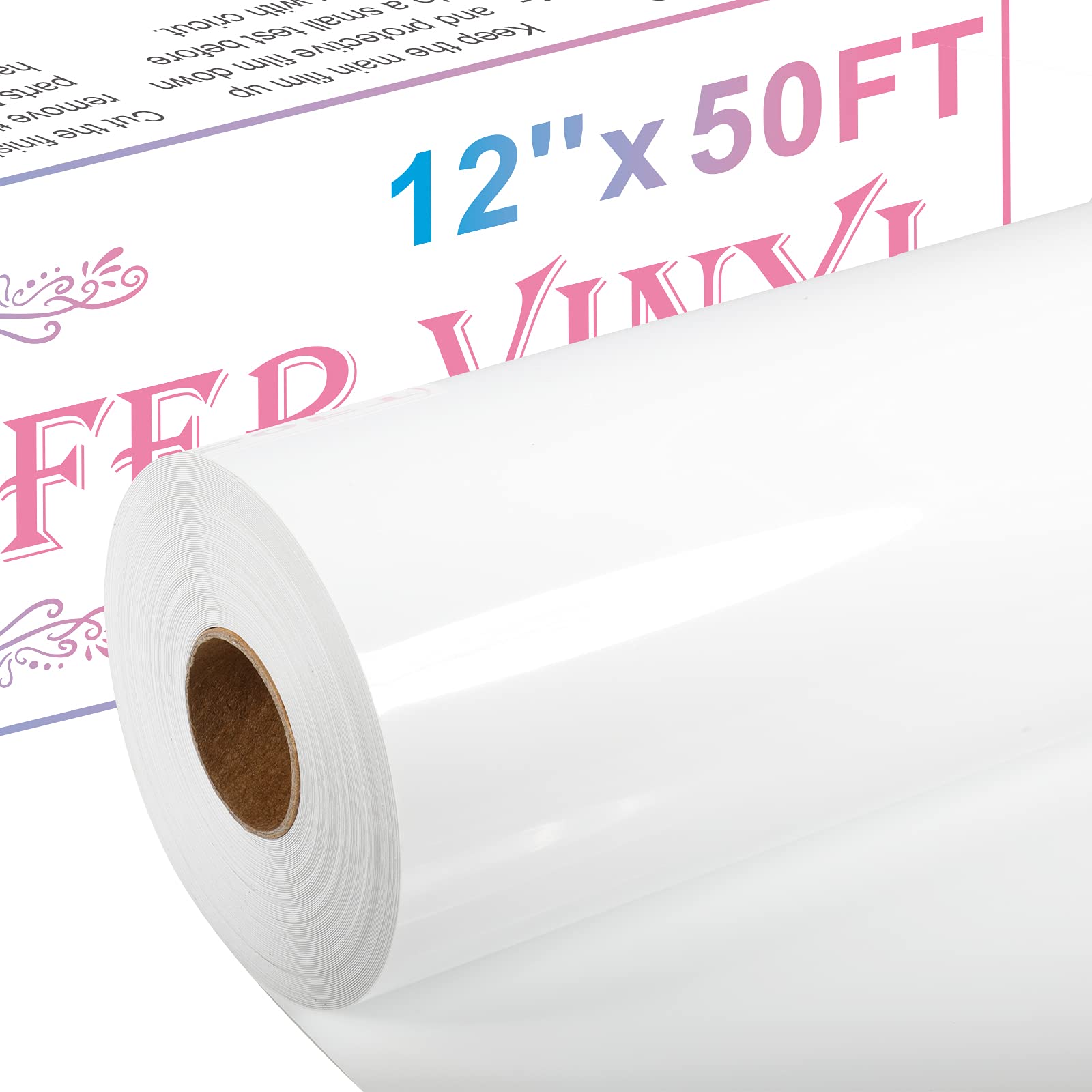 XSEINO Heat Transfer Vinyl Roll, 12" x 50FT HTV Vinyl Roll with Teflon for Shirts, White Iron for Cricut & Cameo, Easy to Cut for Heat Transfer Vinyl Design (White)