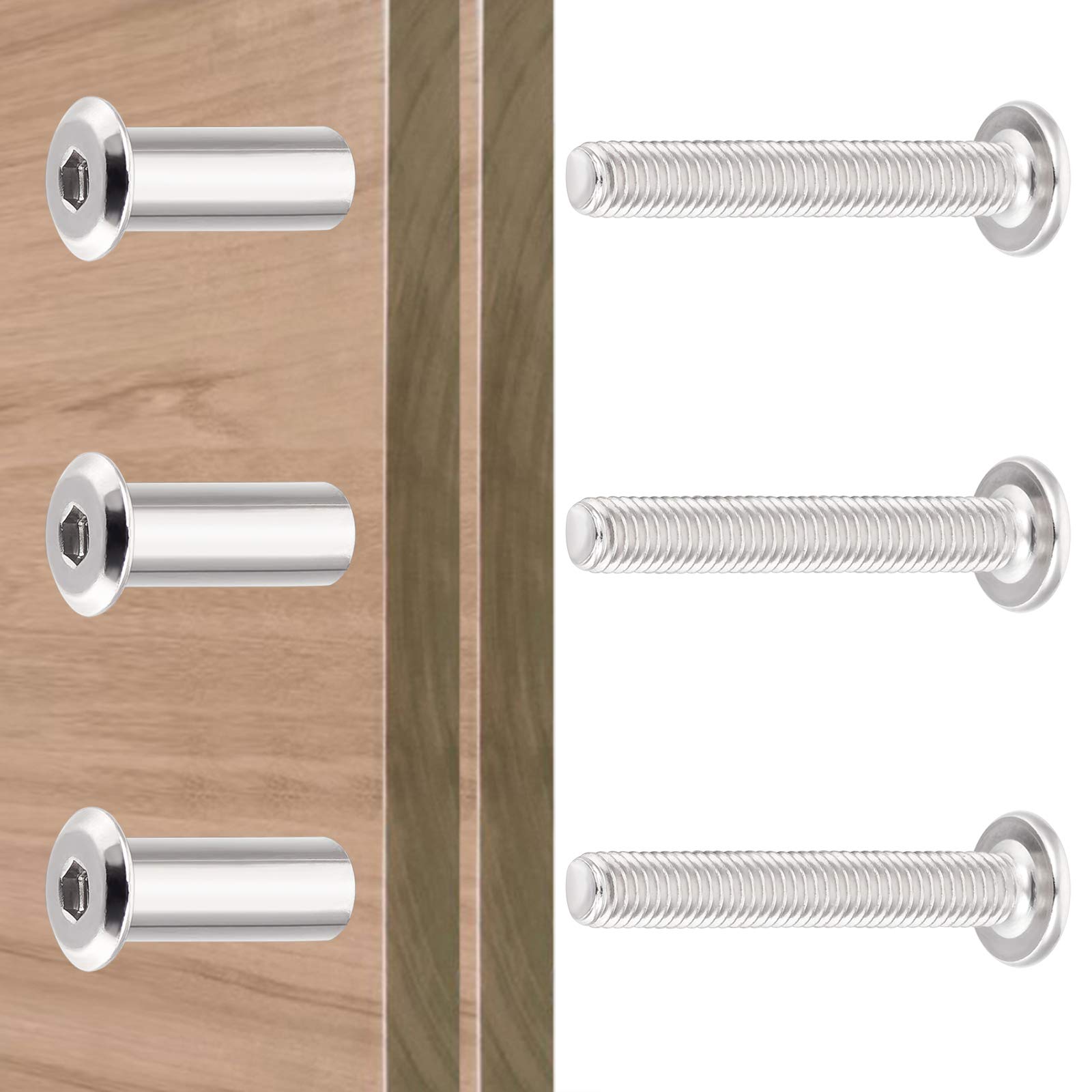 PGMJ 40 Sets Silver Hex Metal Metric Bolts and Nuts Assortment - Thread Repair Kit M6, Cupboards Joint Connector Cap Bolts, Screw Post Fit for Furniture (M6x40mm-D)
