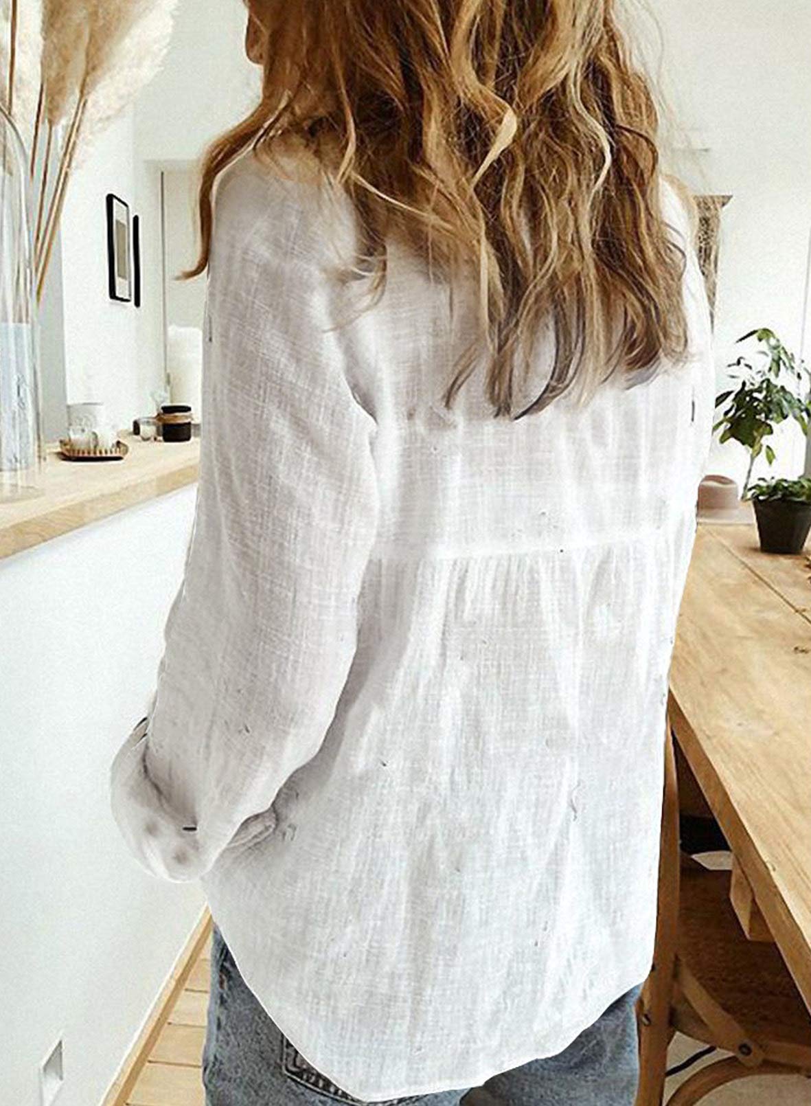 Astylish Women Long Sleeve V Neck Solid Linen Blouses White Button Down Shirt Tops Work Clothes for Women Office White Medium