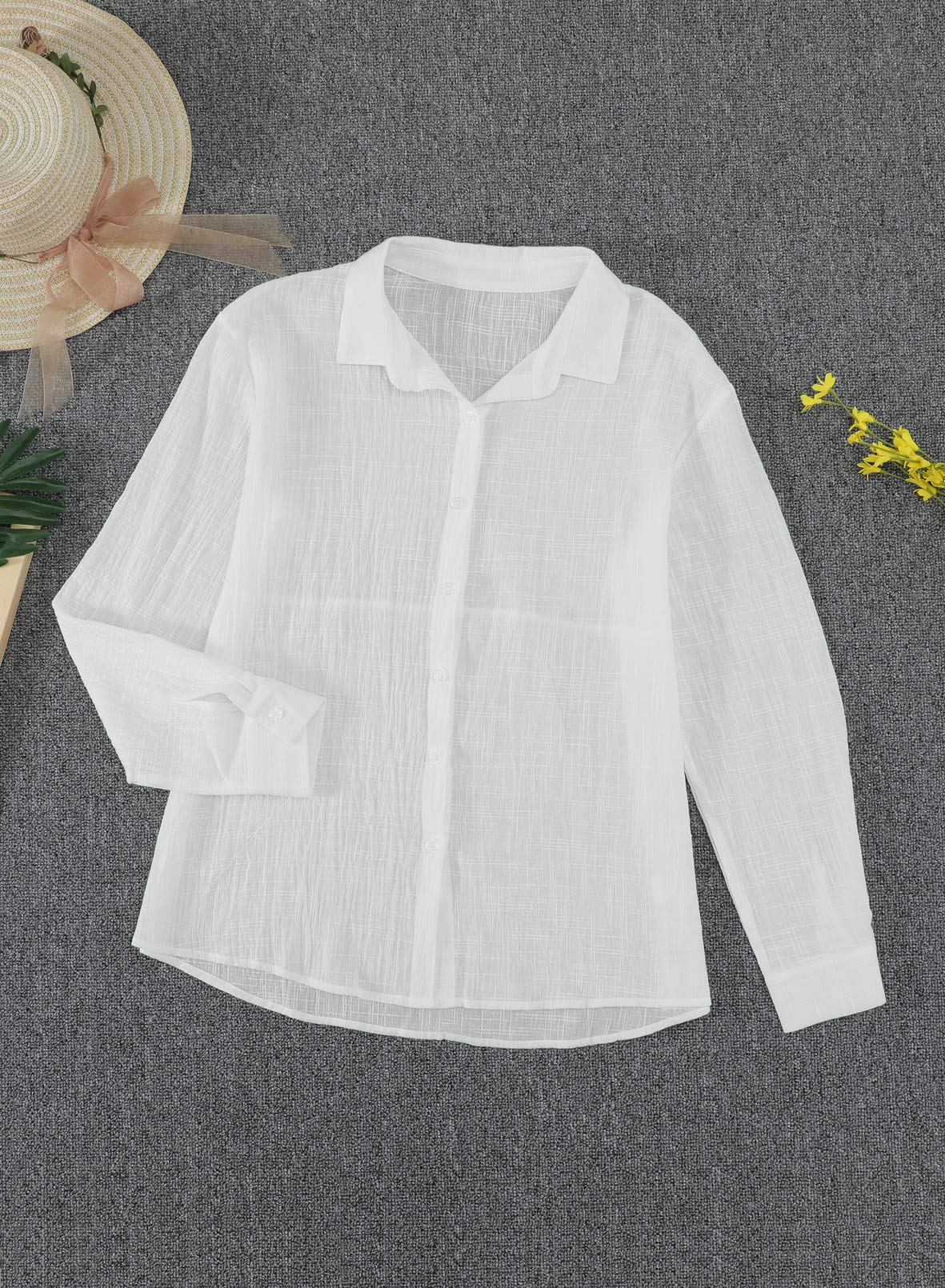Astylish Women Long Sleeve V Neck Solid Linen Blouses White Button Down Shirt Tops Work Clothes for Women Office White Medium