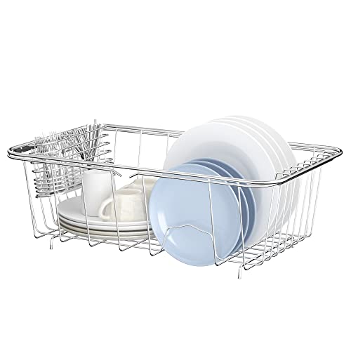 Sink Dish Drying Rack, 304 Stainless Steel Rustproof Expandable Dish Drainer Organizer with Stainless Steel Silverware Holder Over Inside Sink-Adjustable 14.96" to 20.59" （Maximium 7 Upright Dishes ）