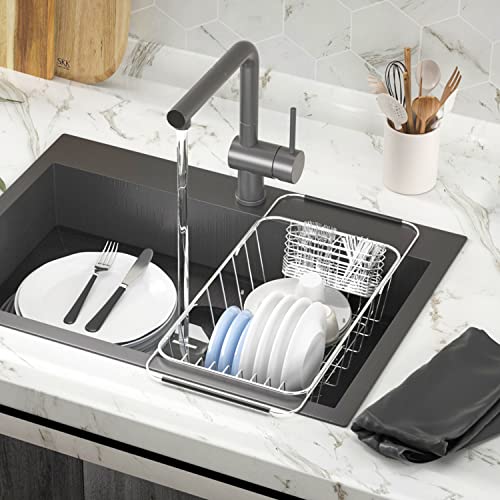 Sink Dish Drying Rack, 304 Stainless Steel Rustproof Expandable Dish Drainer Organizer with Stainless Steel Silverware Holder Over Inside Sink-Adjustable 14.96" to 20.59" (Maximium 7 Upright Dishes )