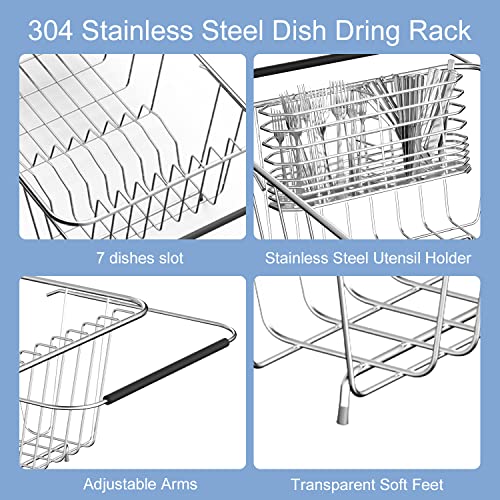 Sink Dish Drying Rack, 304 Stainless Steel Rustproof Expandable Dish Drainer Organizer with Stainless Steel Silverware Holder Over Inside Sink-Adjustable 14.96" to 20.59" (Maximium 7 Upright Dishes )