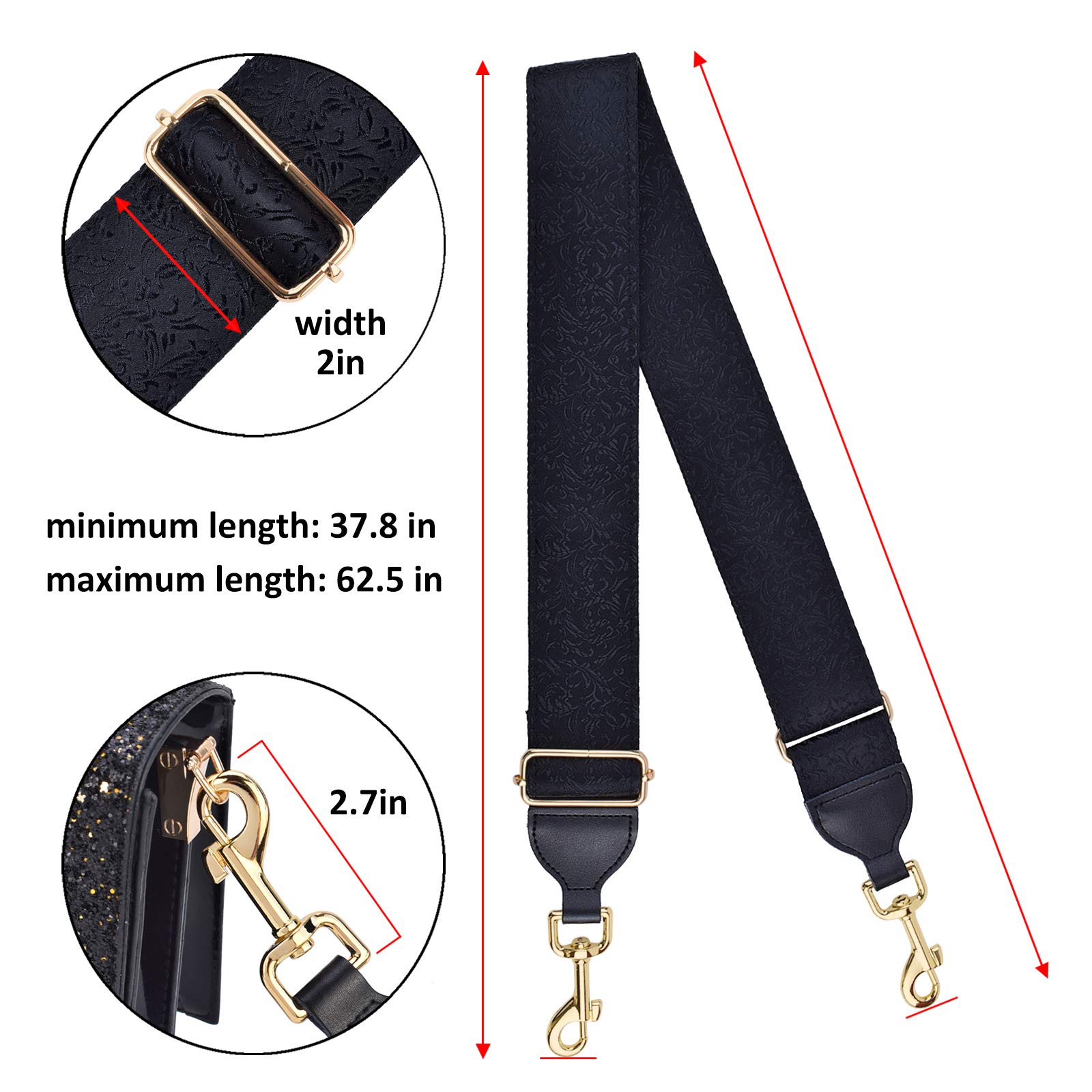 CLOUDMUSIC Handbag Strap Replacement Crossbody Strap Purse Strap For Women Girls(Black Leaves)
