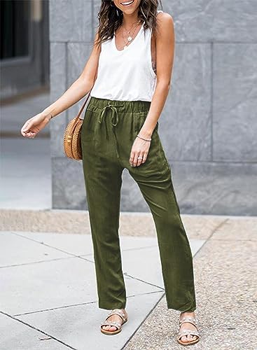 Acelitt Womens Casual Linen Pants Lightweight Drawstring Elastic Waist Spring Summer 2025 Beach Slacks Comfy Trousers with Pockets Green X-Large