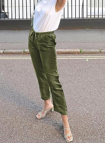 Acelitt Womens Casual Linen Pants Lightweight Drawstring Elastic Waist Spring Summer 2025 Beach Slacks Comfy Trousers with Pockets Green X-Large