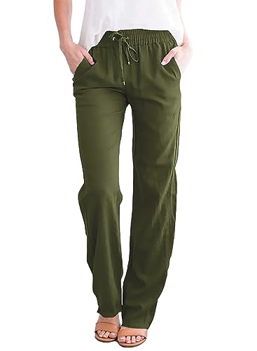 Acelitt Womens Casual Linen Pants Lightweight Drawstring Elastic Waist Spring Summer 2025 Beach Slacks Comfy Trousers with Pockets Green X-Large