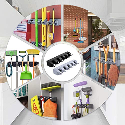 Mop and Broom Holder Wall Mount - CINEYO - Heavy Duty Broom Holder Wall Mounted or Tool Organizer For Home Garden Garage And Storage (5 Positions with 6 Hooks) (Black)