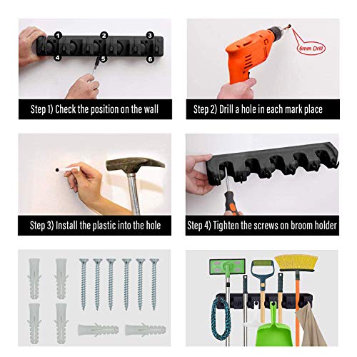 Mop and Broom Holder Wall Mount - CINEYO - Heavy Duty Broom Holder Wall Mounted or Tool Organizer For Home Garden Garage And Storage (5 Positions with 6 Hooks) (Black)