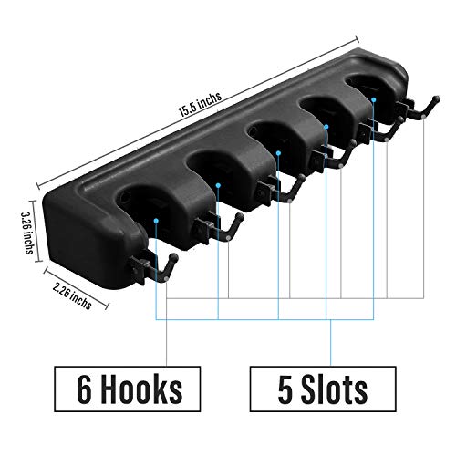 Mop and Broom Holder Wall Mount - CINEYO - Heavy Duty Broom Holder Wall Mounted or Tool Organizer For Home Garden Garage And Storage (5 Positions with 6 Hooks) (Black)