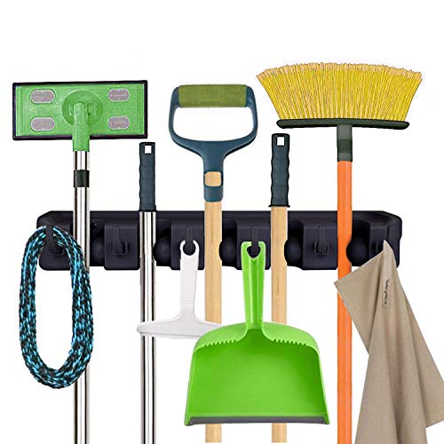 Mop and Broom Holder Wall Mount - CINEYO - Heavy Duty Broom Holder Wall Mounted or Tool Organizer For Home Garden Garage And Storage (5 Positions with 6 Hooks) (Black)