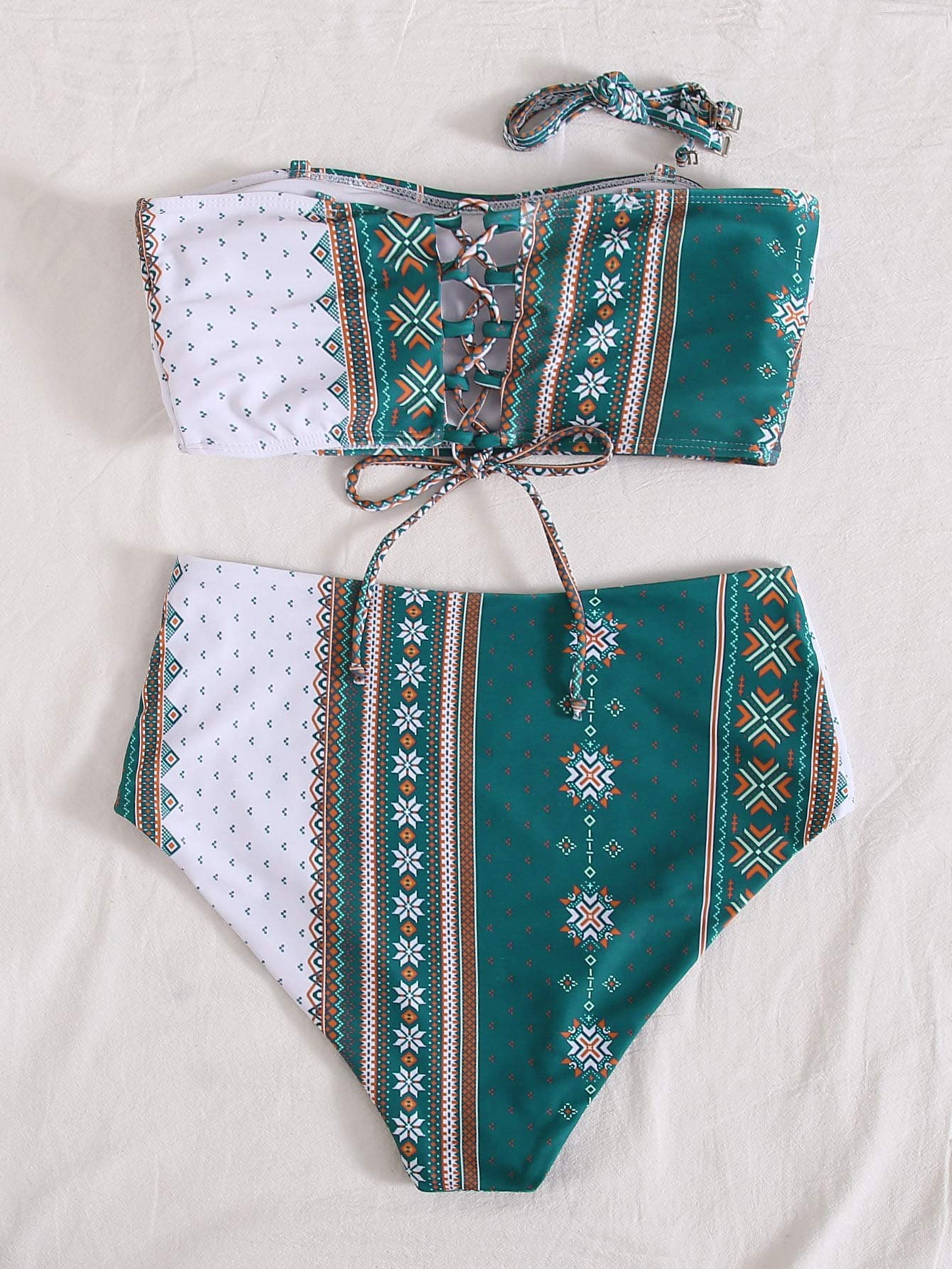 Floerns Women's Boho Two Piece High Waist Bathing Suit Bandeau Swimsuit Dark Green Multi M