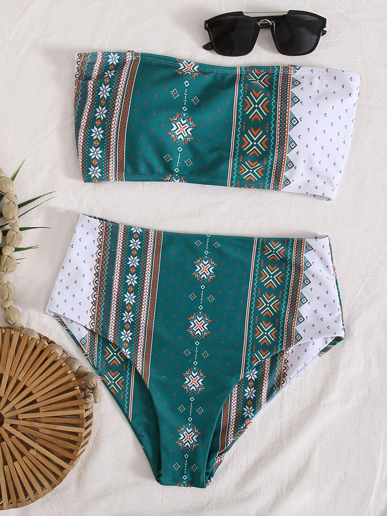 Floerns Women's Boho Two Piece High Waist Bathing Suit Bandeau Swimsuit Dark Green Multi M