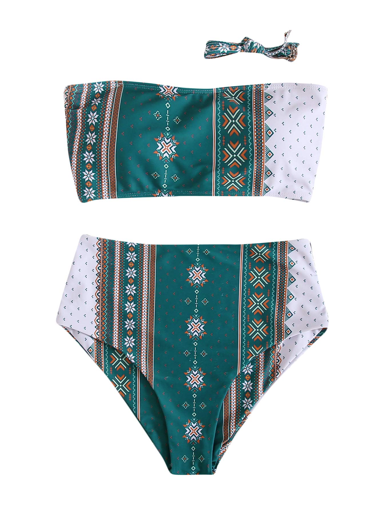 Floerns Women's Boho Two Piece High Waist Bathing Suit Bandeau Swimsuit Dark Green Multi M