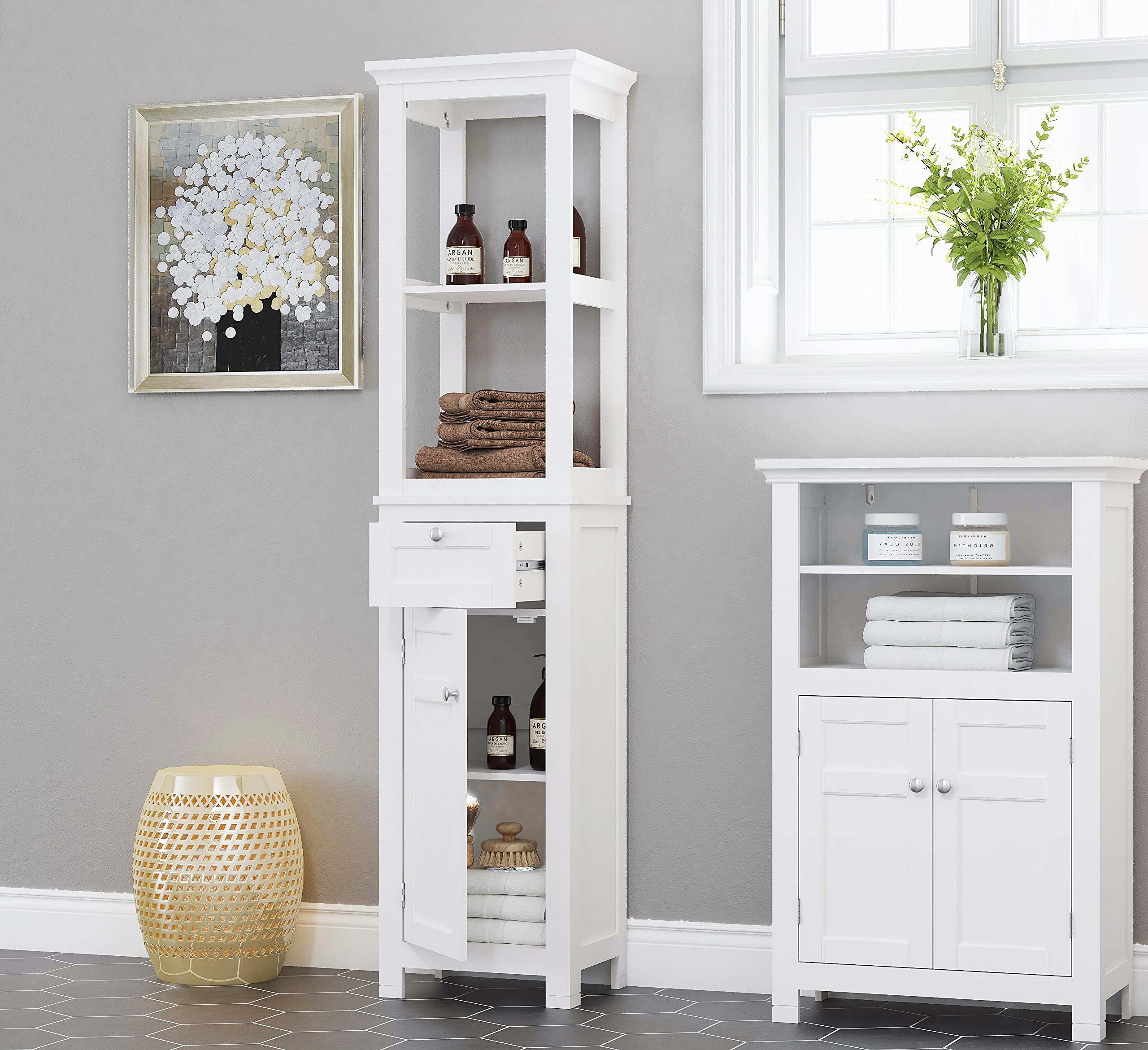 Spirich Home Bathroom Freestanding Storage Cabinet with Two Tier Open Shelves, Tall Slim Cabinet with Door and Drawer, Floor Linen Tower (White)