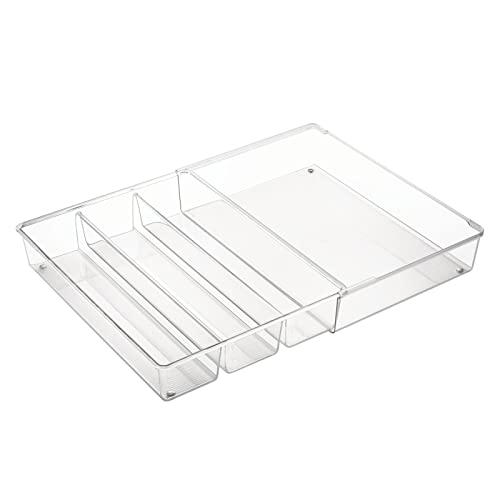 mDesign Plastic Adjustable/Expandable Divided Drawer Storage Organizer with 4 Compartments for Kitchen Pantry, Cupboard, Cabinet, Hold Silverware, Utensils, Cutlery - Ligne Collection - Clear