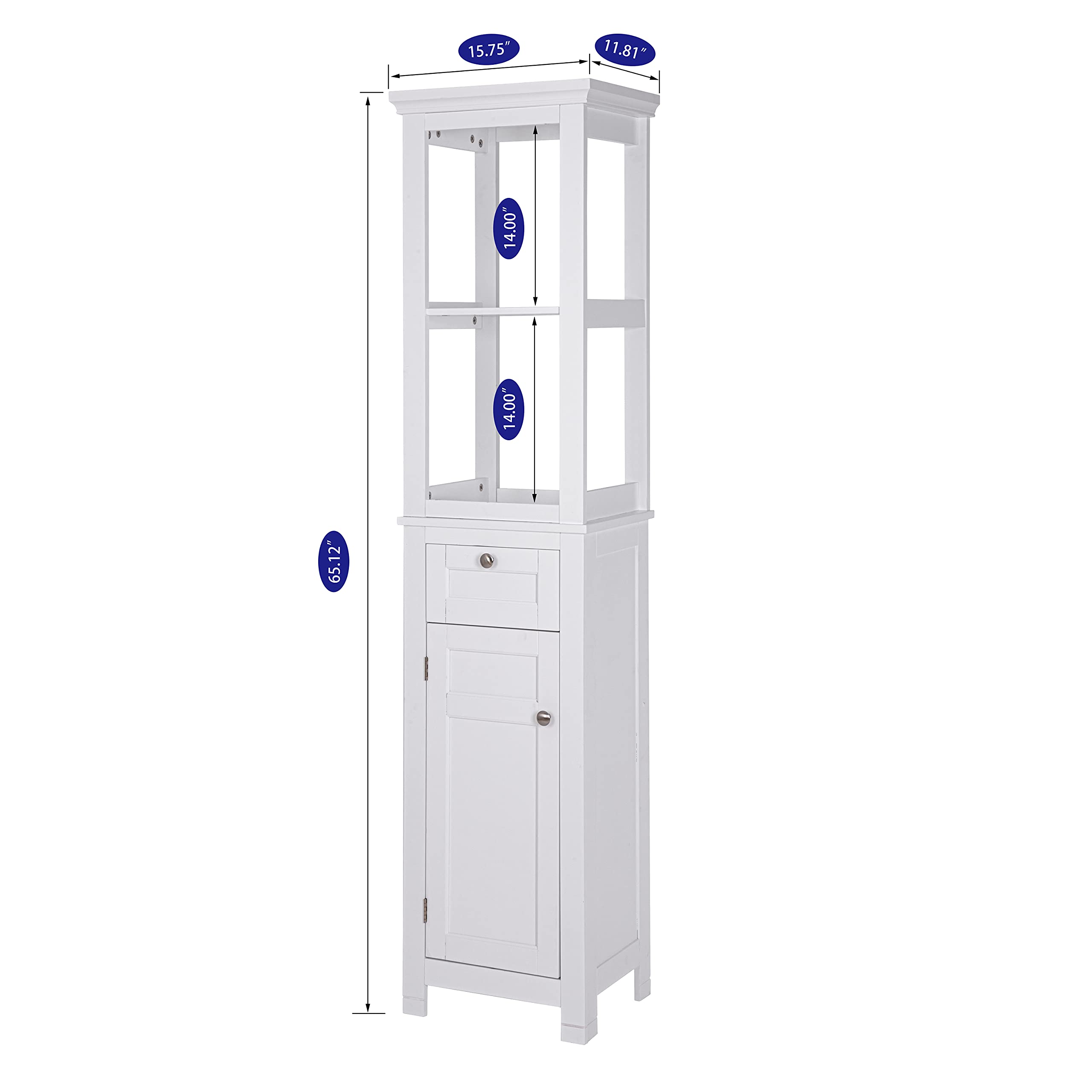 Spirich Home Bathroom Freestanding Storage Cabinet with Two Tier Open Shelves, Tall Slim Cabinet with Door and Drawer, Floor Linen Tower (White)