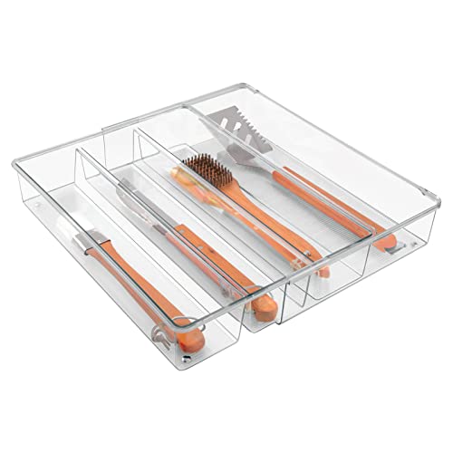mDesign Plastic Adjustable/Expandable Divided Drawer Storage Organizer with 4 Compartments for Kitchen Pantry, Cupboard, Cabinet, Hold Silverware, Utensils, Cutlery - Ligne Collection - Clear