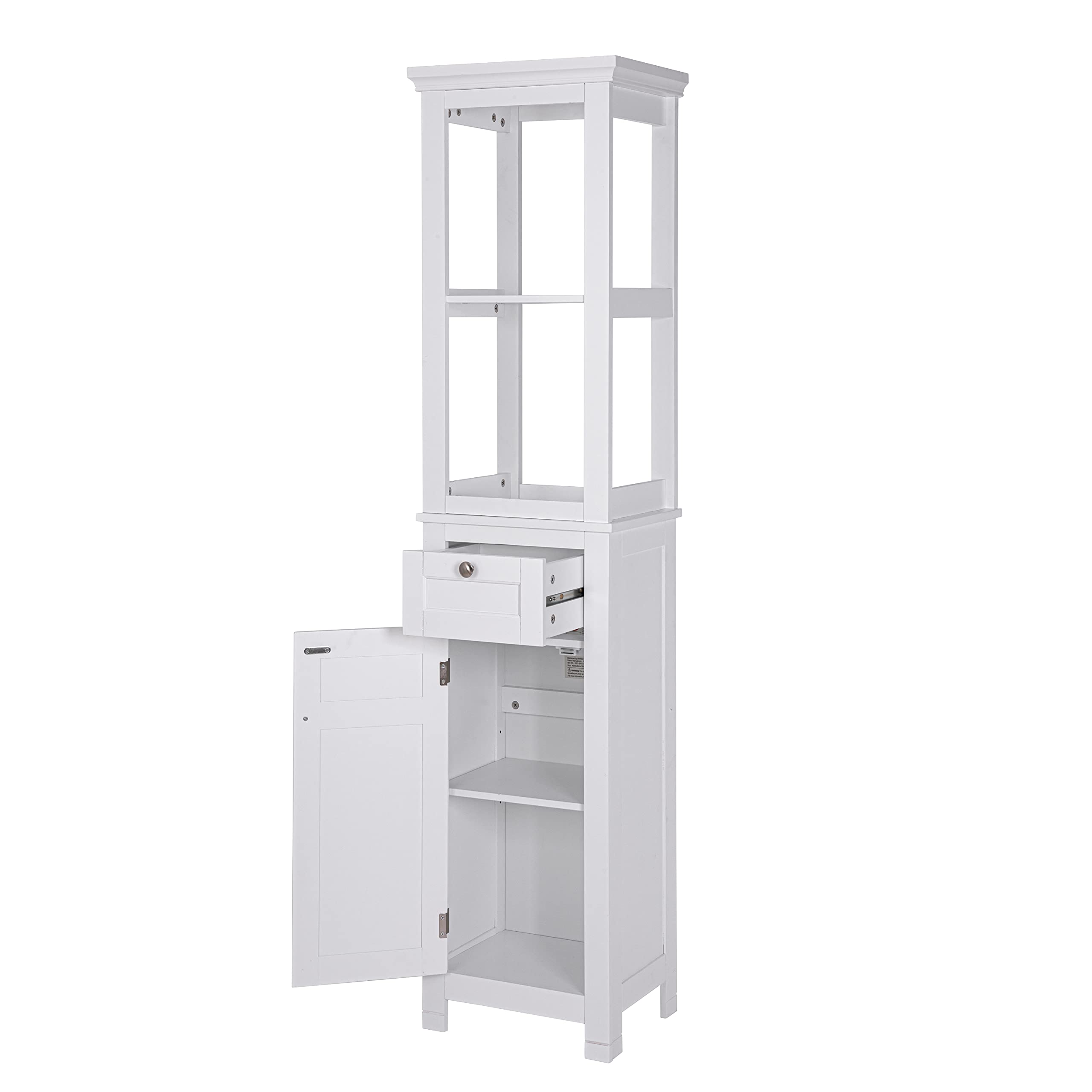 Spirich Home Bathroom Freestanding Storage Cabinet with Two Tier Open Shelves, Tall Slim Cabinet with Door and Drawer, Floor Linen Tower (White)