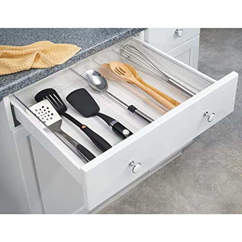mDesign Plastic Adjustable/Expandable Divided Drawer Storage Organizer with 4 Compartments for Kitchen Pantry, Cupboard, Cabinet, Hold Silverware, Utensils, Cutlery - Ligne Collection - Clear